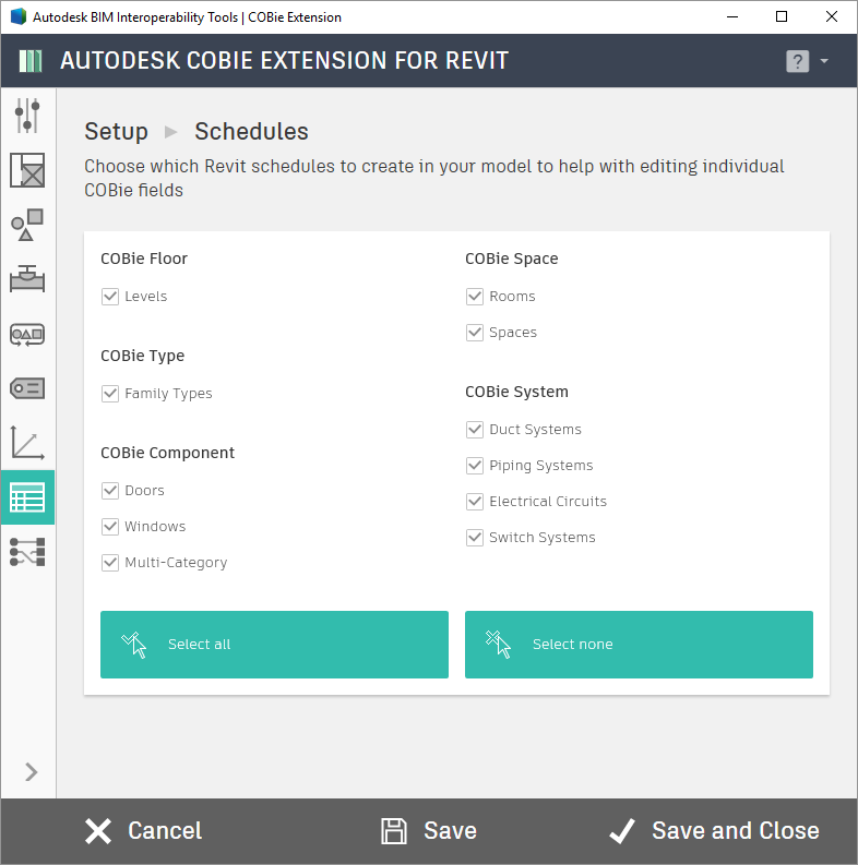 COBie Extension for Revit - Schedules Settings