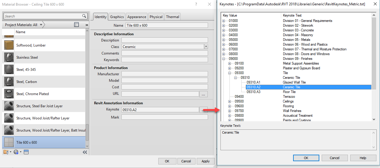 Adding keynotes to a BIM model