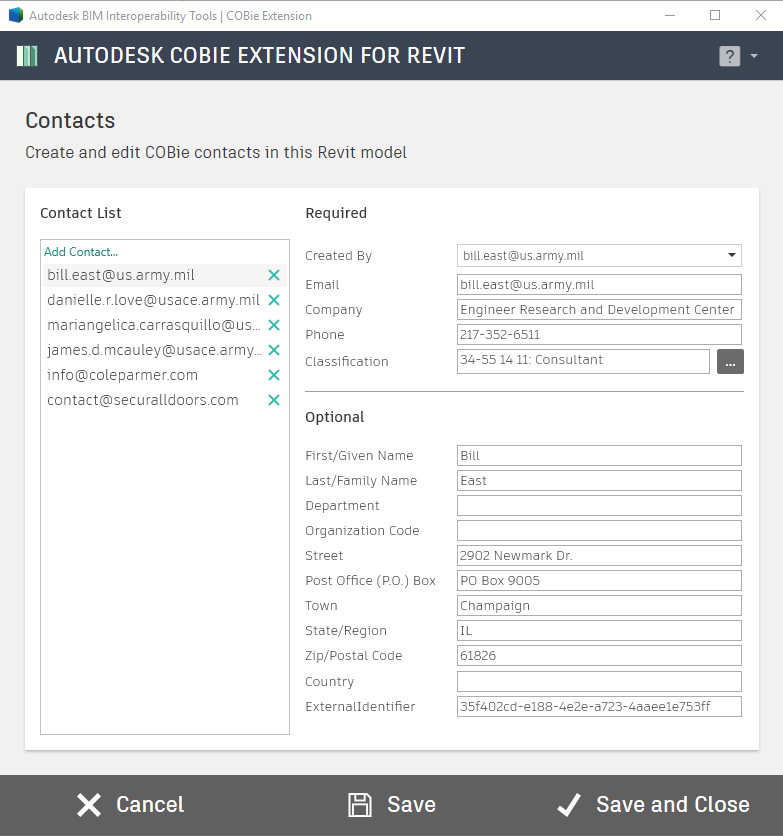 COBie Extension for Revit - Contacts