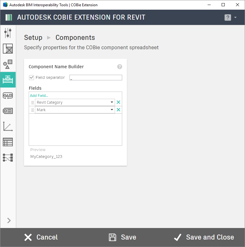 COBie Extension for Revit - Component Settings